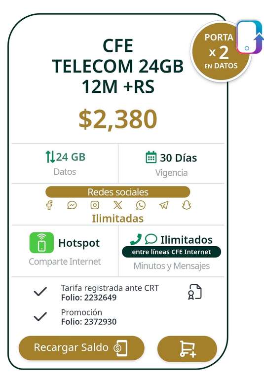 CFE Internet 36 GB al año por $1,840 en portabilidad at | Promodescuentos